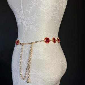 X-long Belt, Red Jewel Rhinestone Belt, Gold Chain Belt, Vintage Style ...