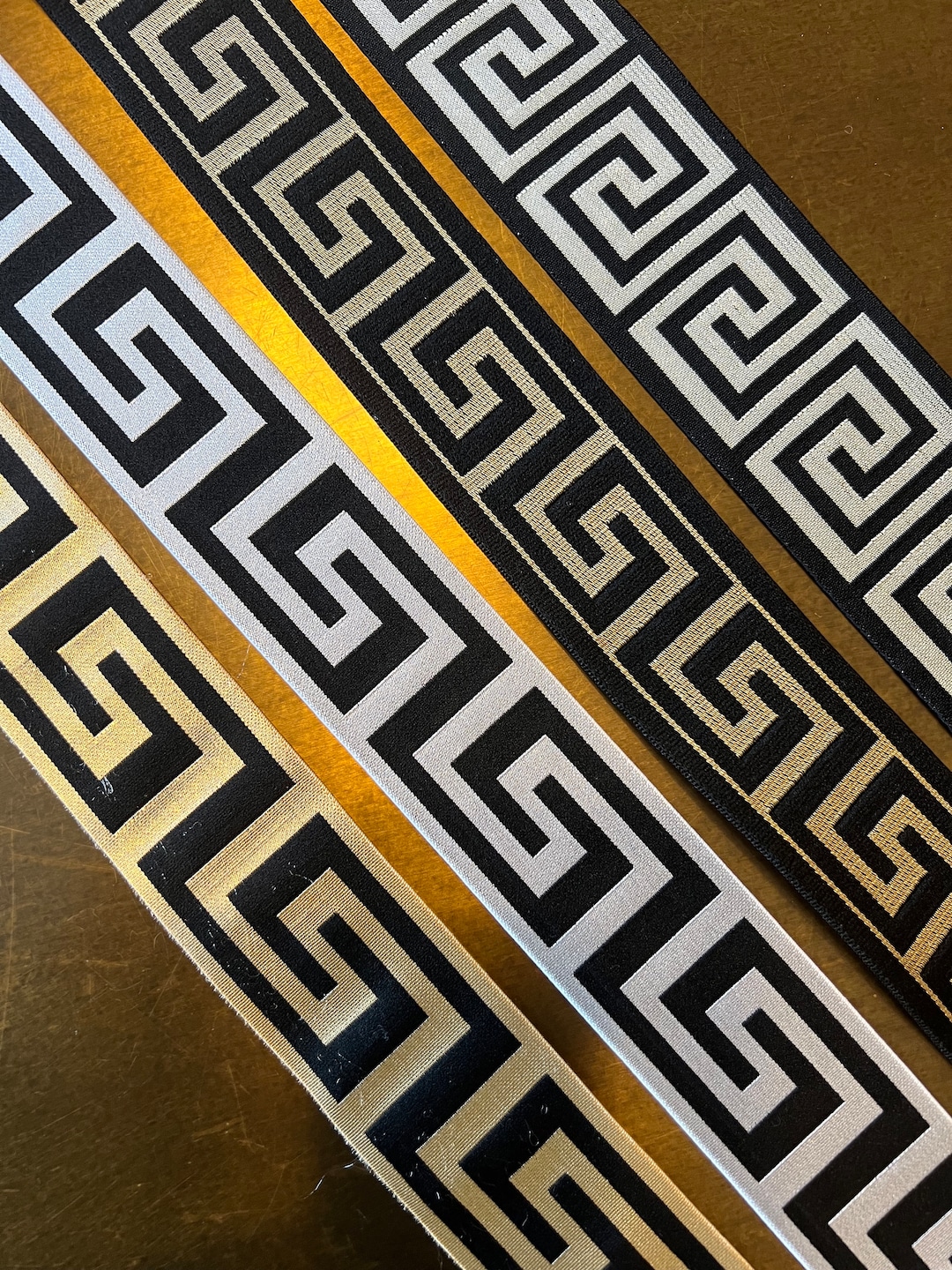4cm Wide Greek Key Woven Elastic - Black / Gold / Silver Trim for Head ...