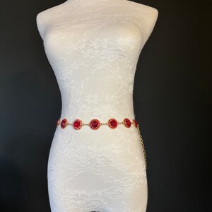 X-long Belt, Red Jewel Rhinestone Belt, Gold Chain Belt, Vintage Style ...