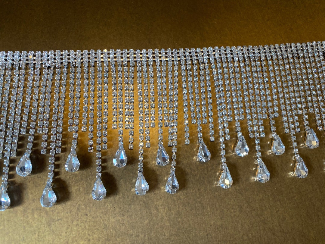 9.5cm Wide, Diamanté Fringe Trim, Rhinestone Fringe Silver Crystals ...