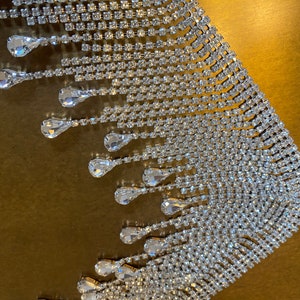 9.5cm Wide, Diamanté Fringe Trim, Rhinestone Fringe Silver Crystals ...