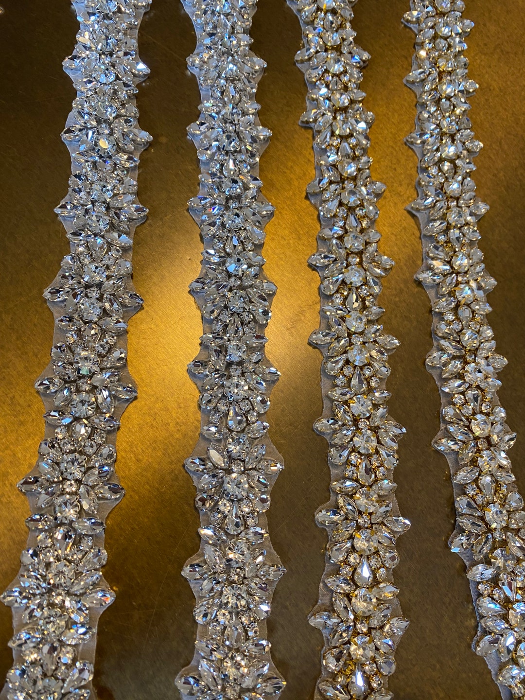 Rhinestone Diamante Chain Trim, Bridal Dress Appliqué, Gold or Silver ...