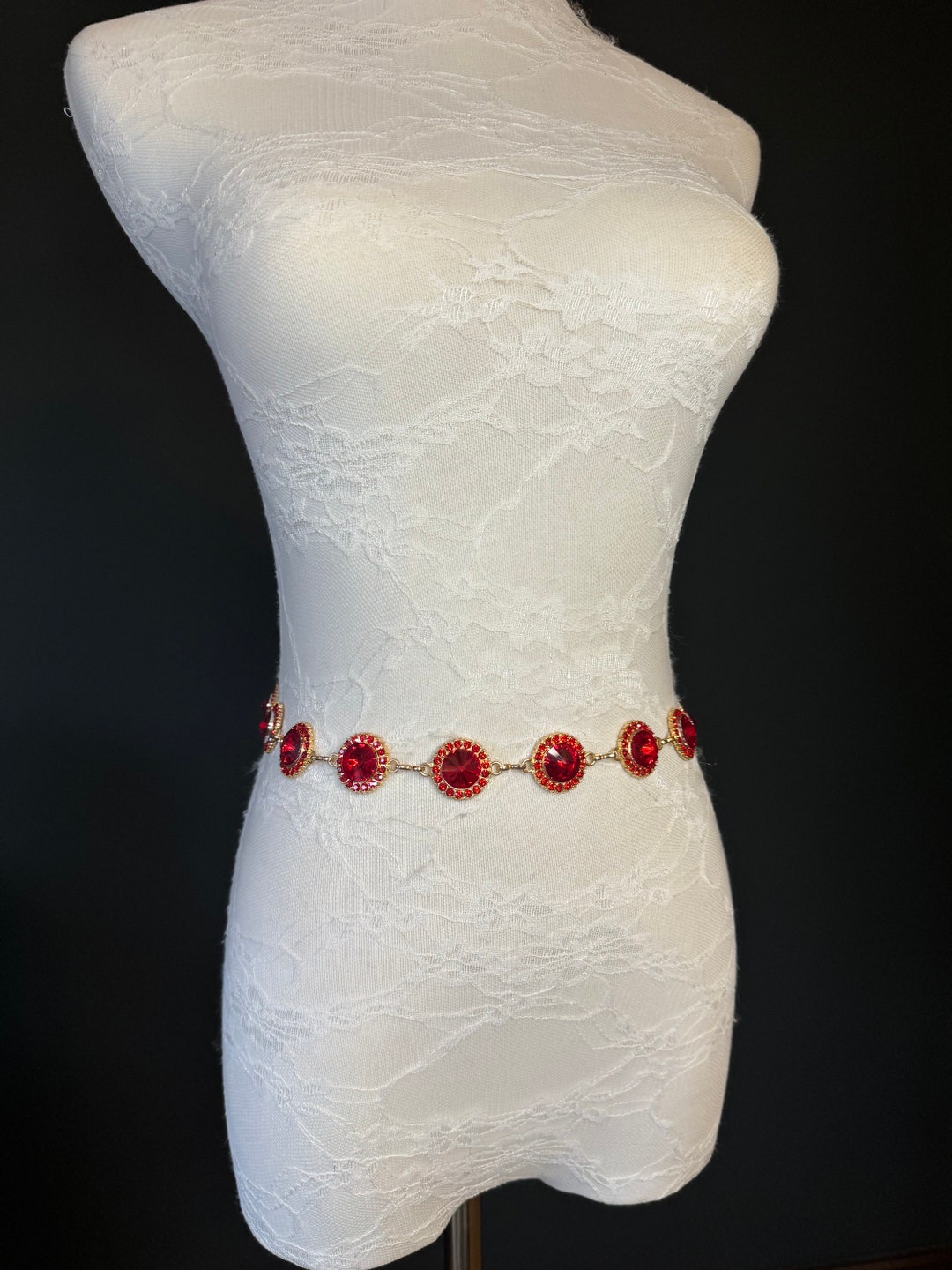 X-long Belt, Red Jewel Rhinestone Belt, Gold Chain Belt, Vintage Style ...