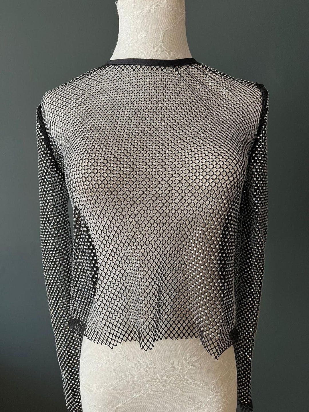 Fishnet Diamanté Top, Rhinestone Top, See Through Top, Fan Fashion ...