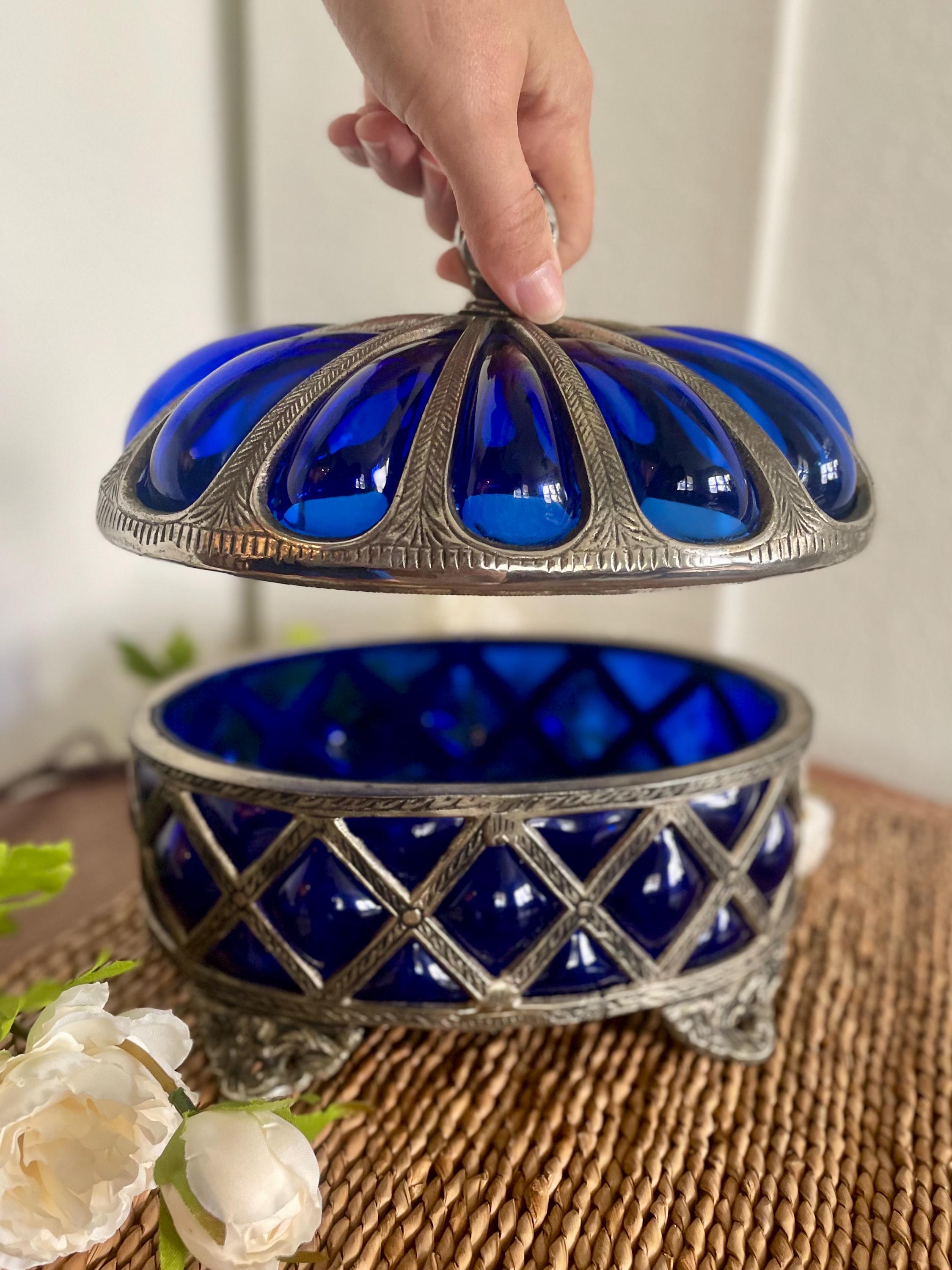 LARGE Stunning RARE Oval Cobalt Blue Caged Bubble Glass Apothecary Box ...