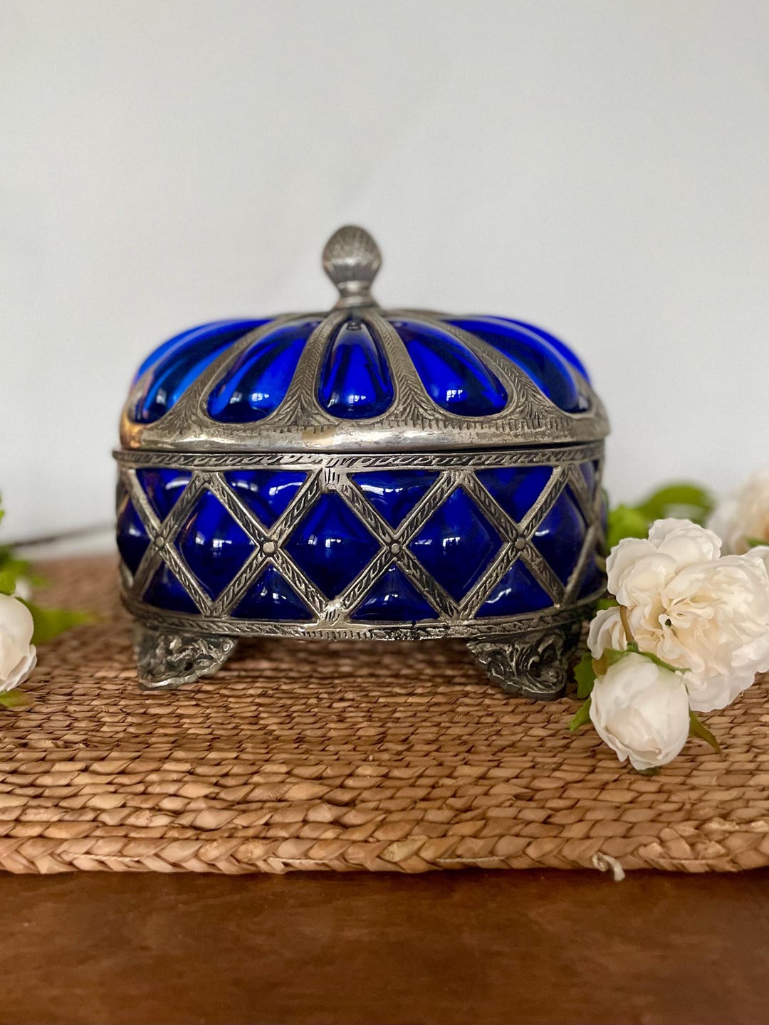 LARGE Stunning RARE Oval Cobalt Blue Caged Bubble Glass Apothecary Box ...