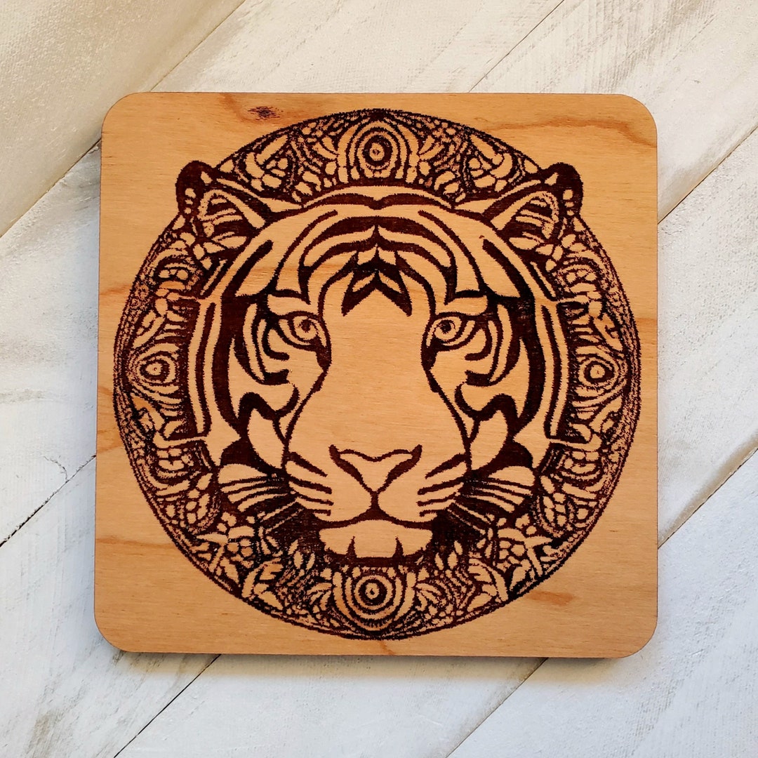 Tiger Engraved Wooden Coaster, Tiger Hot Beverage Coaster , Gift for ...
