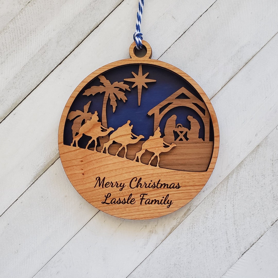 Wiseman Nativity Manger Scene Personalized 3 Layer Wooden Ornament ...