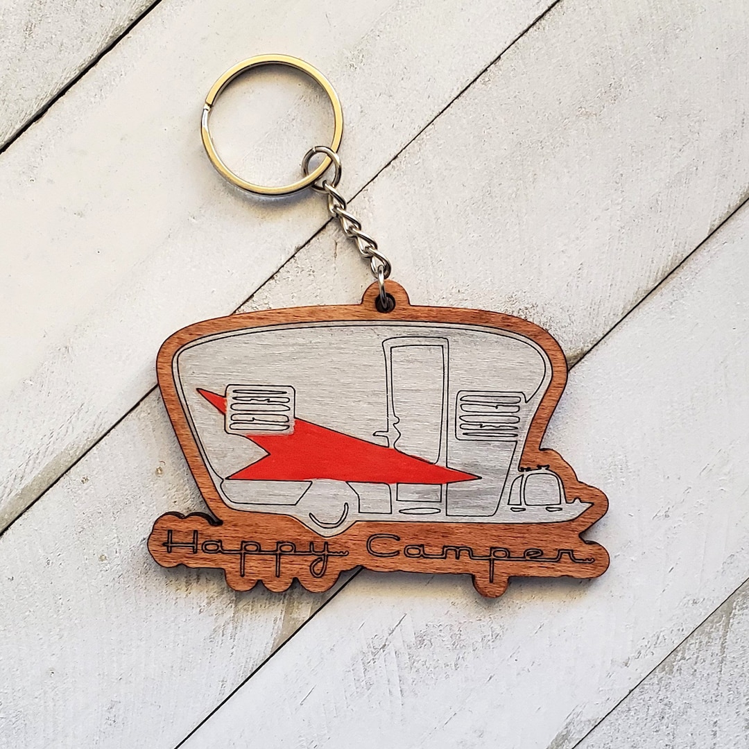 Happy Camper Keychain, Retro Camper Wooden Keychain, Camper RV Keychain ...