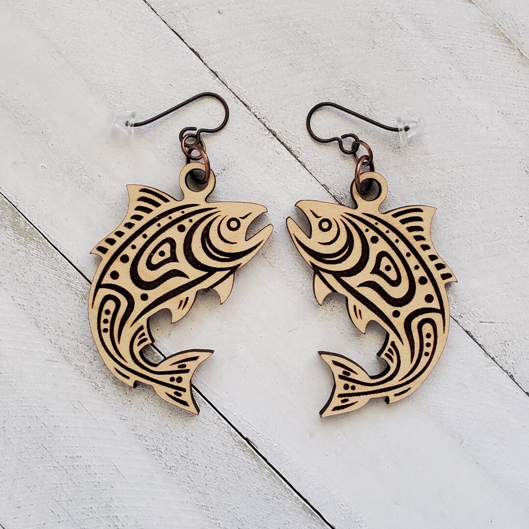 Tribal Fish Dangle Earrings, Jumping Salmon Engraved Wooden Earrings ...