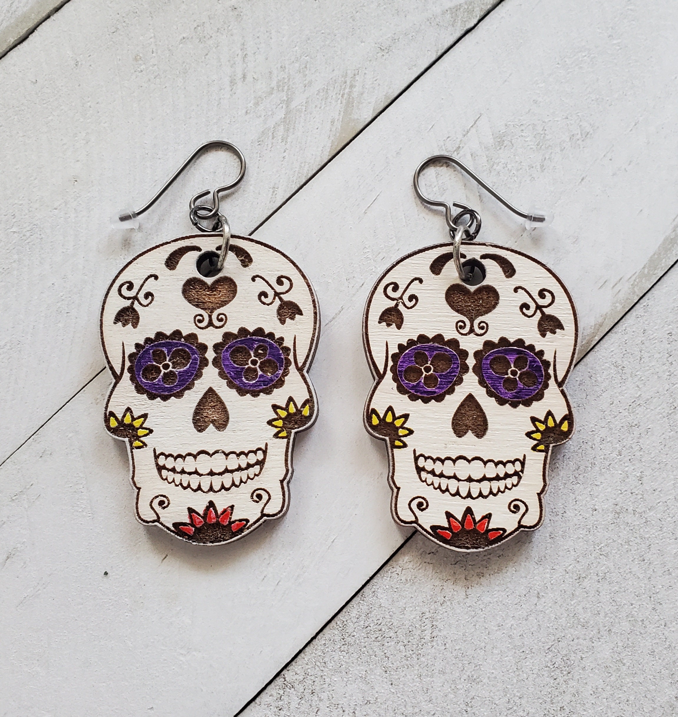 Sugar Skull Wooden Dangle Earrings, Day of the Dead Jewelry, Skeleton ...