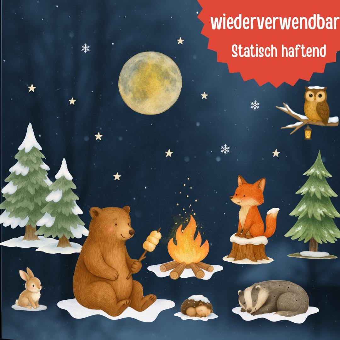 Window Decoration Winter Forest Animals - Bear & Fox by the Campfire ...