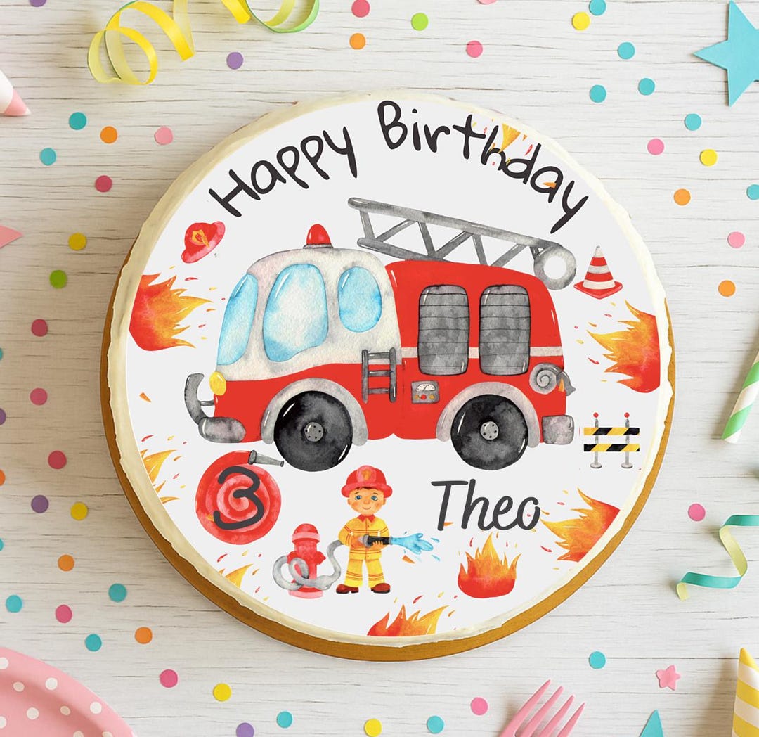 Firefighter Cake Topper – Edible Sugar Image With Name & Number – Round ...