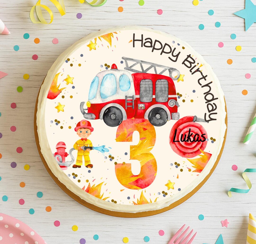 Fire Brigade Cake Topper – With Large Number & Name – Sugar Image for ...