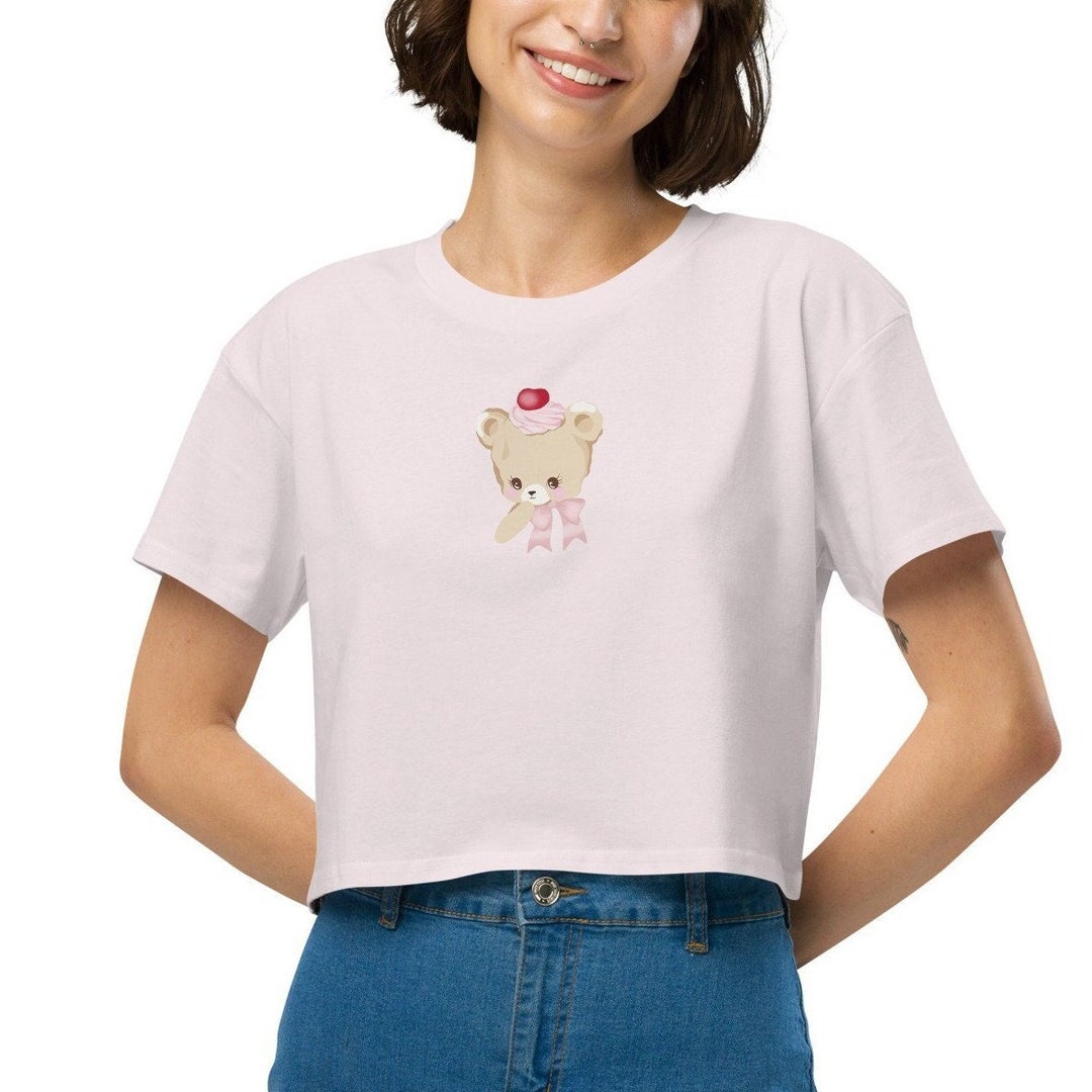 Pink Cute Teddy Bear Coquette Crop Top Tee L Pink Cute Reddy Cherry on ...