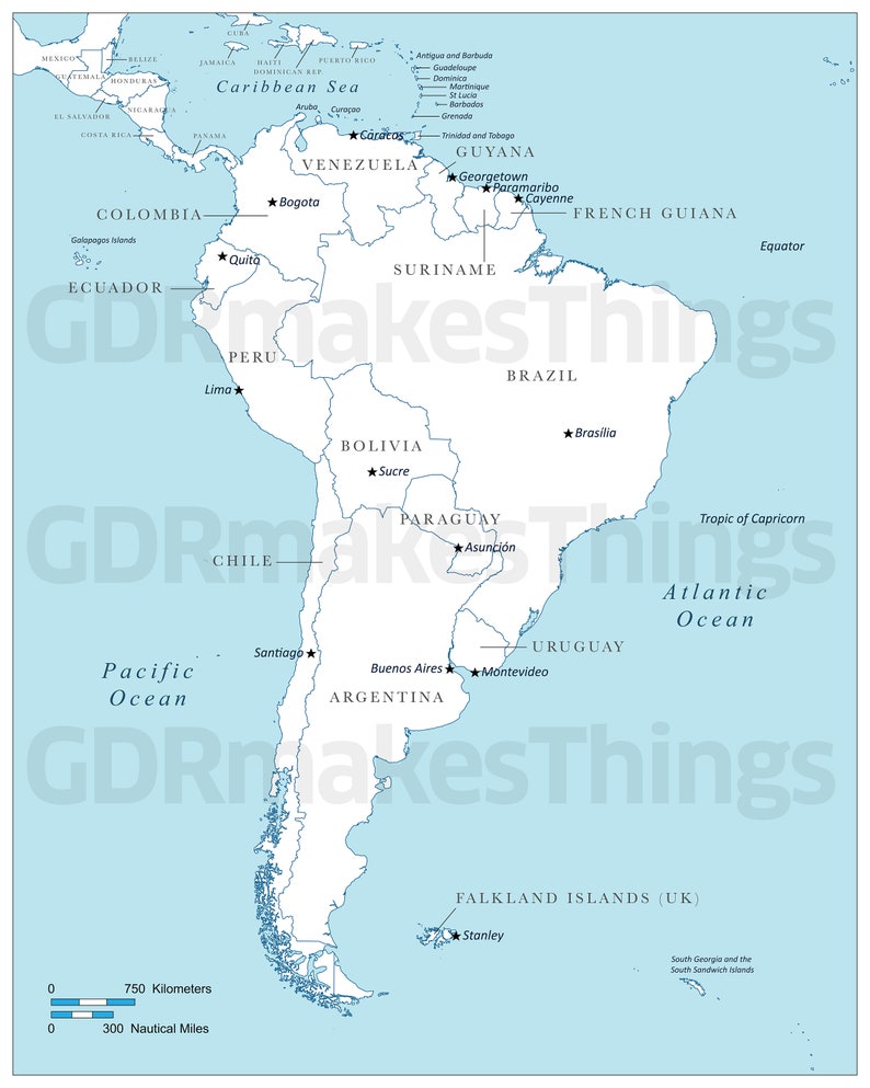 High Resolution Digital Color Map of South America, Including Countries ...