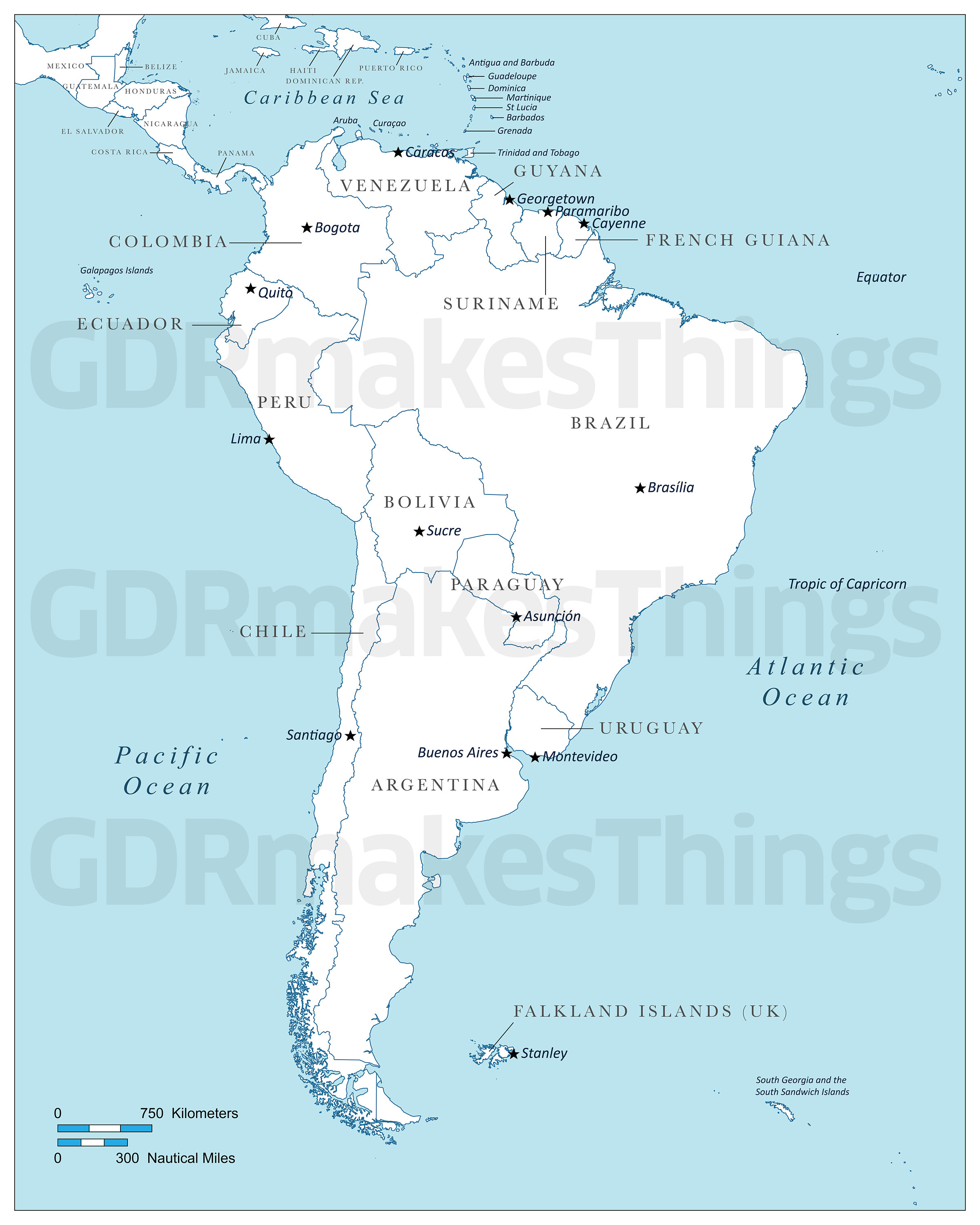 High Resolution Digital Color Map of South America, Including Countries ...