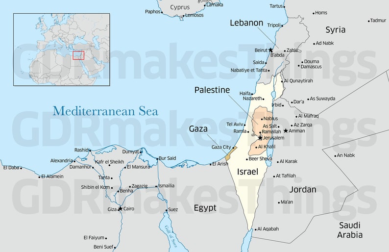 Digital Map of the Eastern Mediterranean Including Israel, Palestine ...