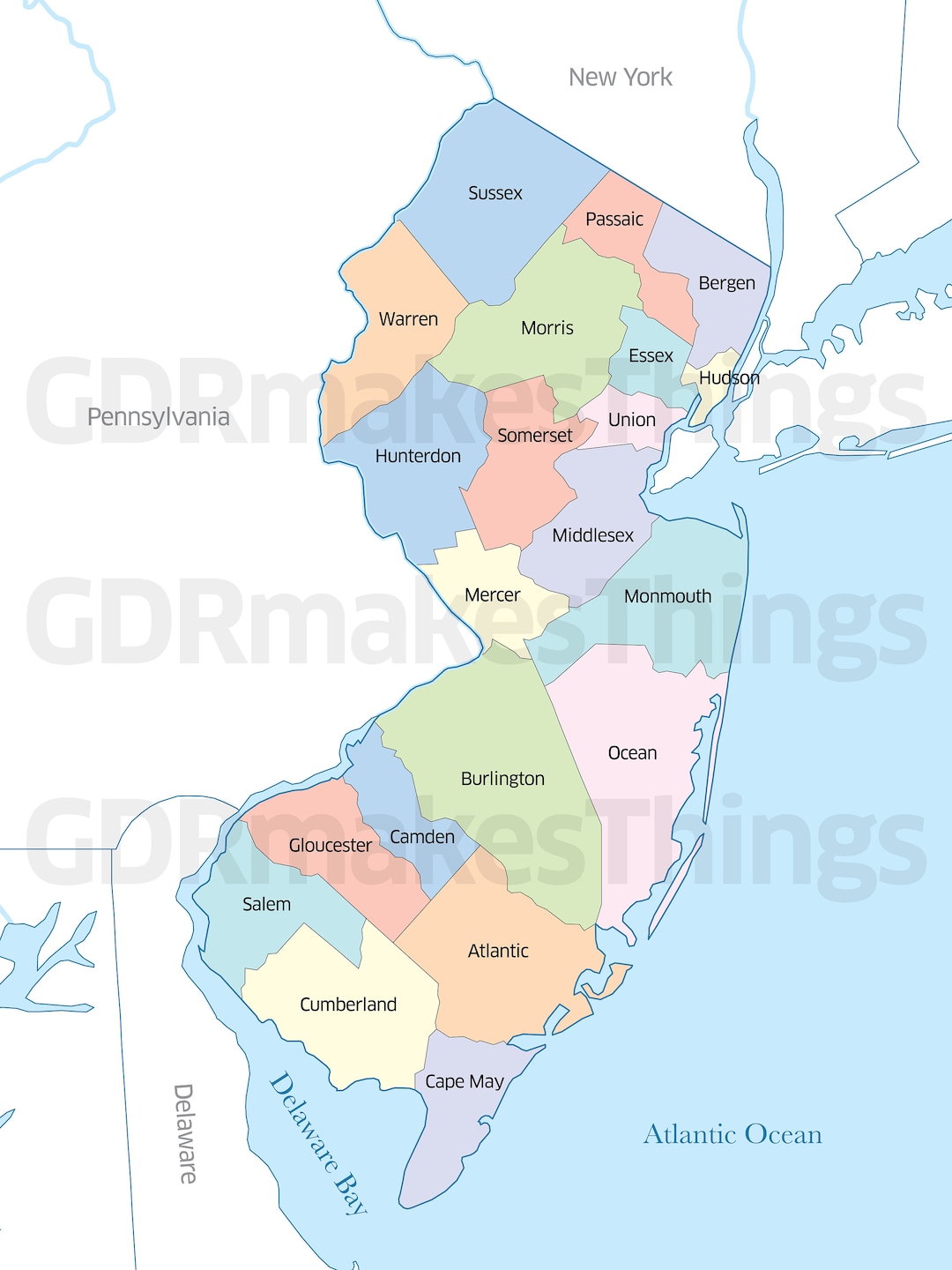 High Resolution Digital Color Map of the Counties of the State of New ...