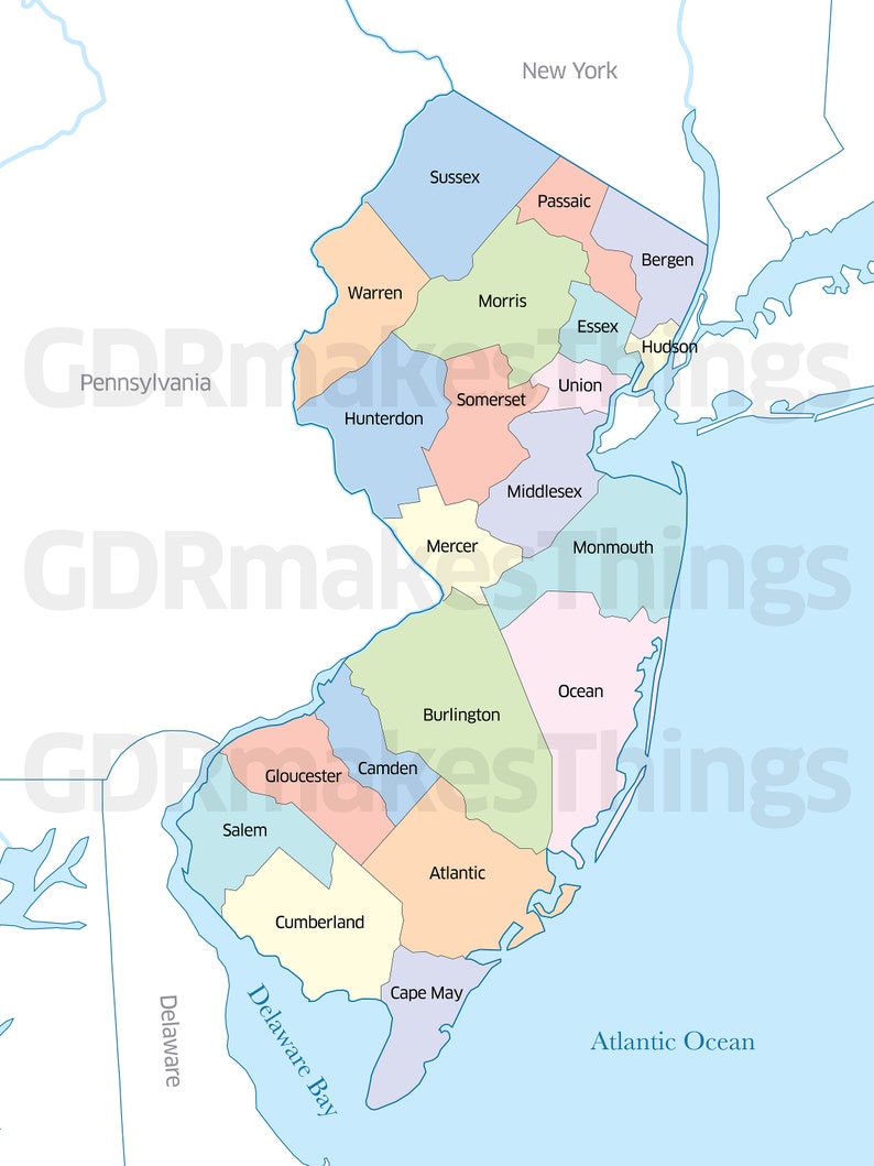 High Resolution Digital Color Map of the Counties of the State of New Jersey | High-resolution ...