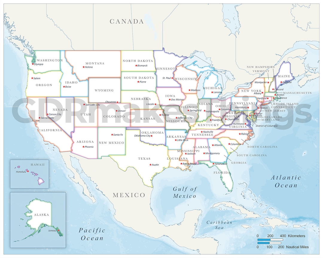 Digital Political Map of the United States of America, Including States ...