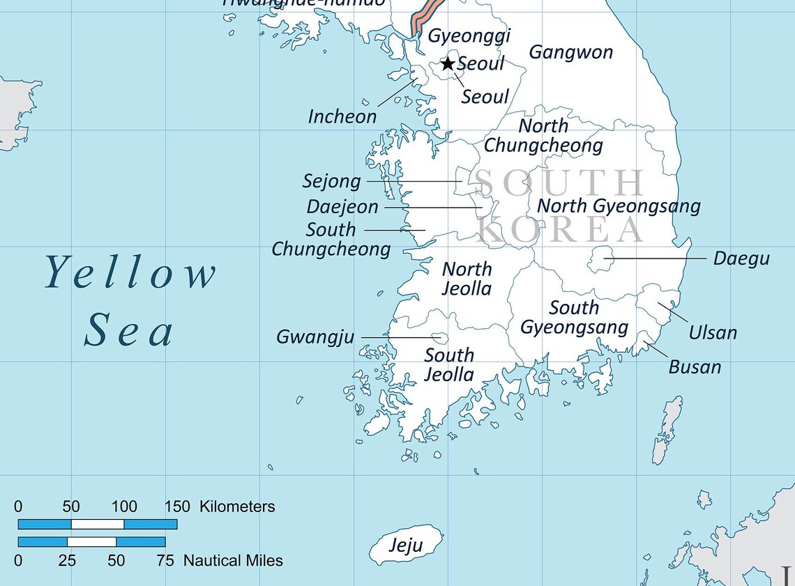 High Resolution Digital Color Map of South Korea, Includes Country ...