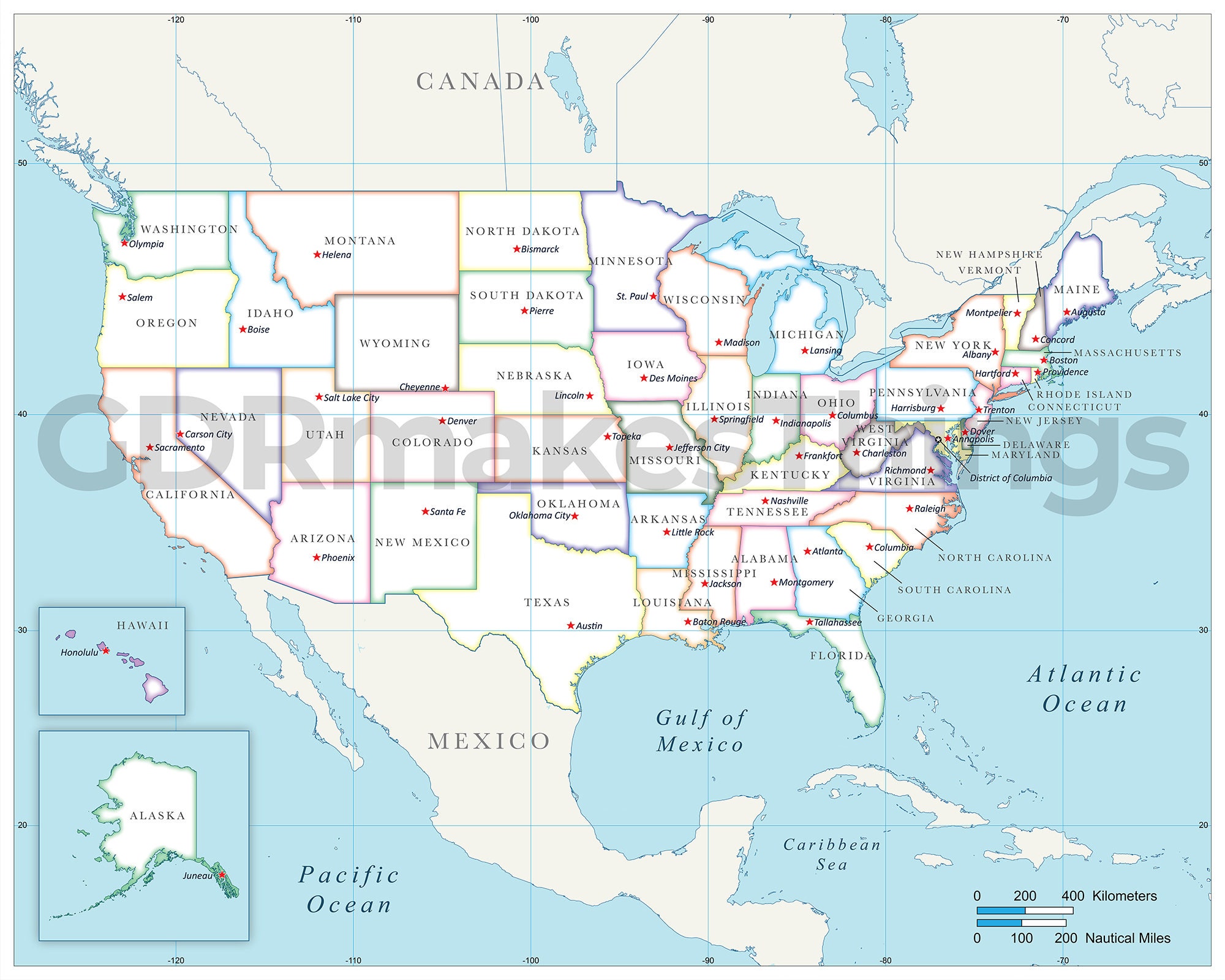 Mapa político digital de los Estados Unidos de América, incluidos los ...