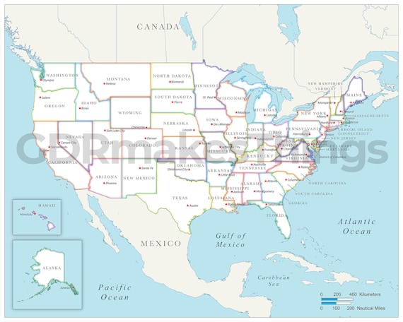 Mapa dos Estados Unidos - Mapa político, estados e capitais, para