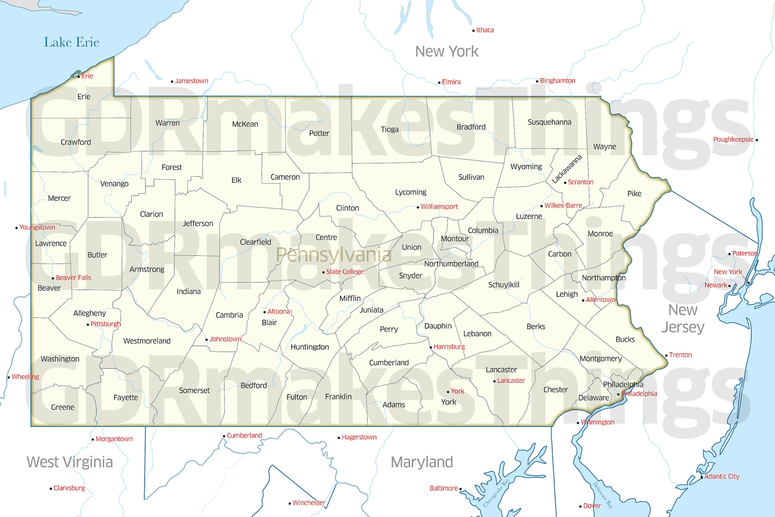High Resolution Digital Color Map of the Counties of the State of ...