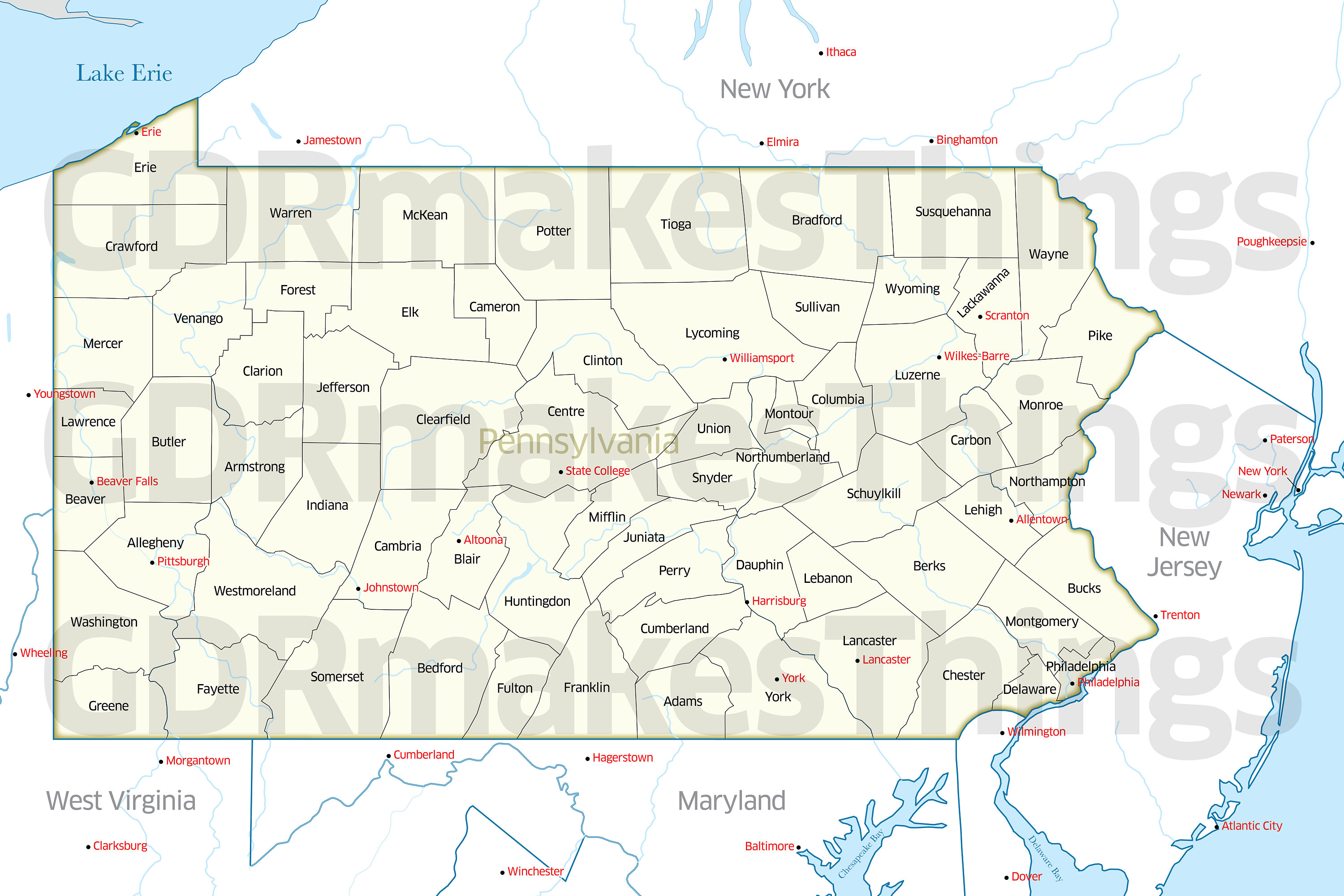 High Resolution Digital Color Map of the Counties of the State - Etsy