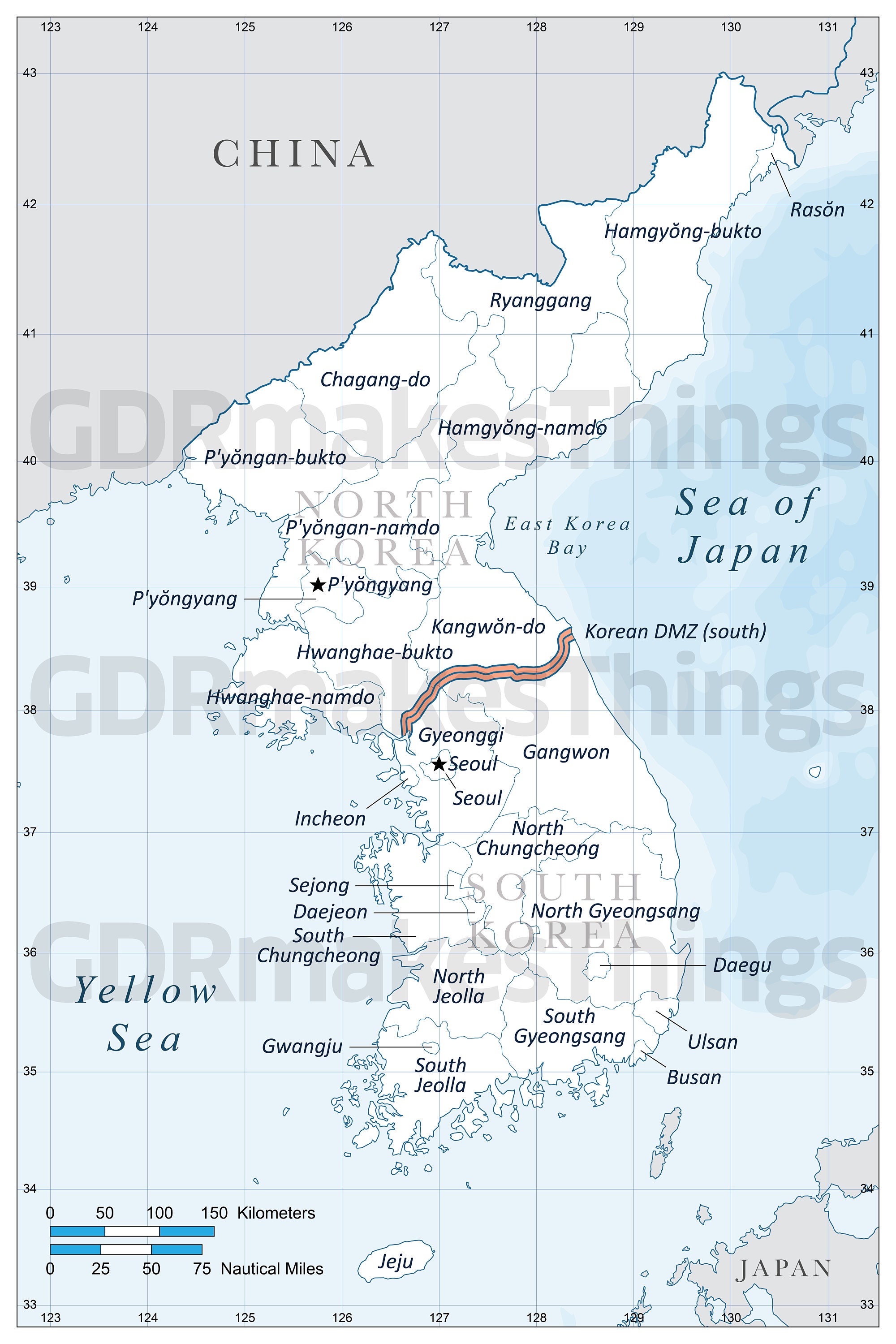 High Resolution Digital Color Map of South Korea, Includes Country ...