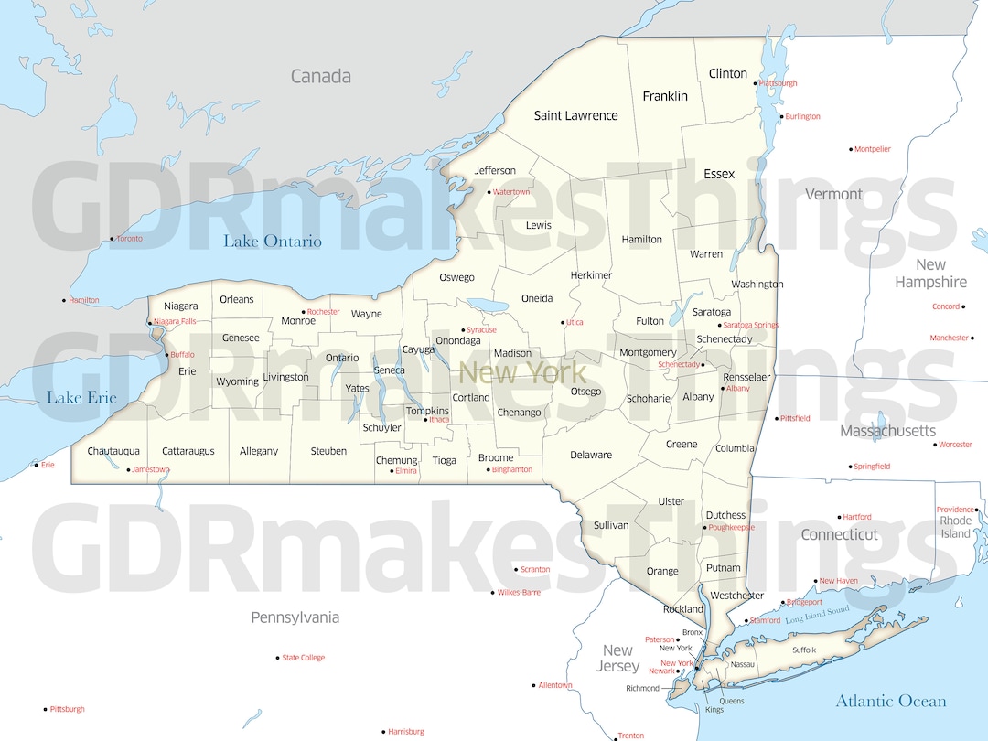 High Resolution Digital Color Map of the Counties of the State of New ...