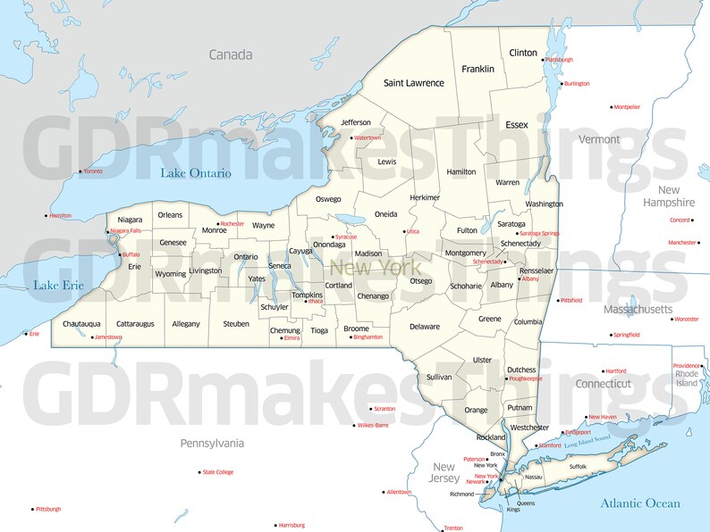High Resolution Digital Color Map of the Counties of the State of New ...