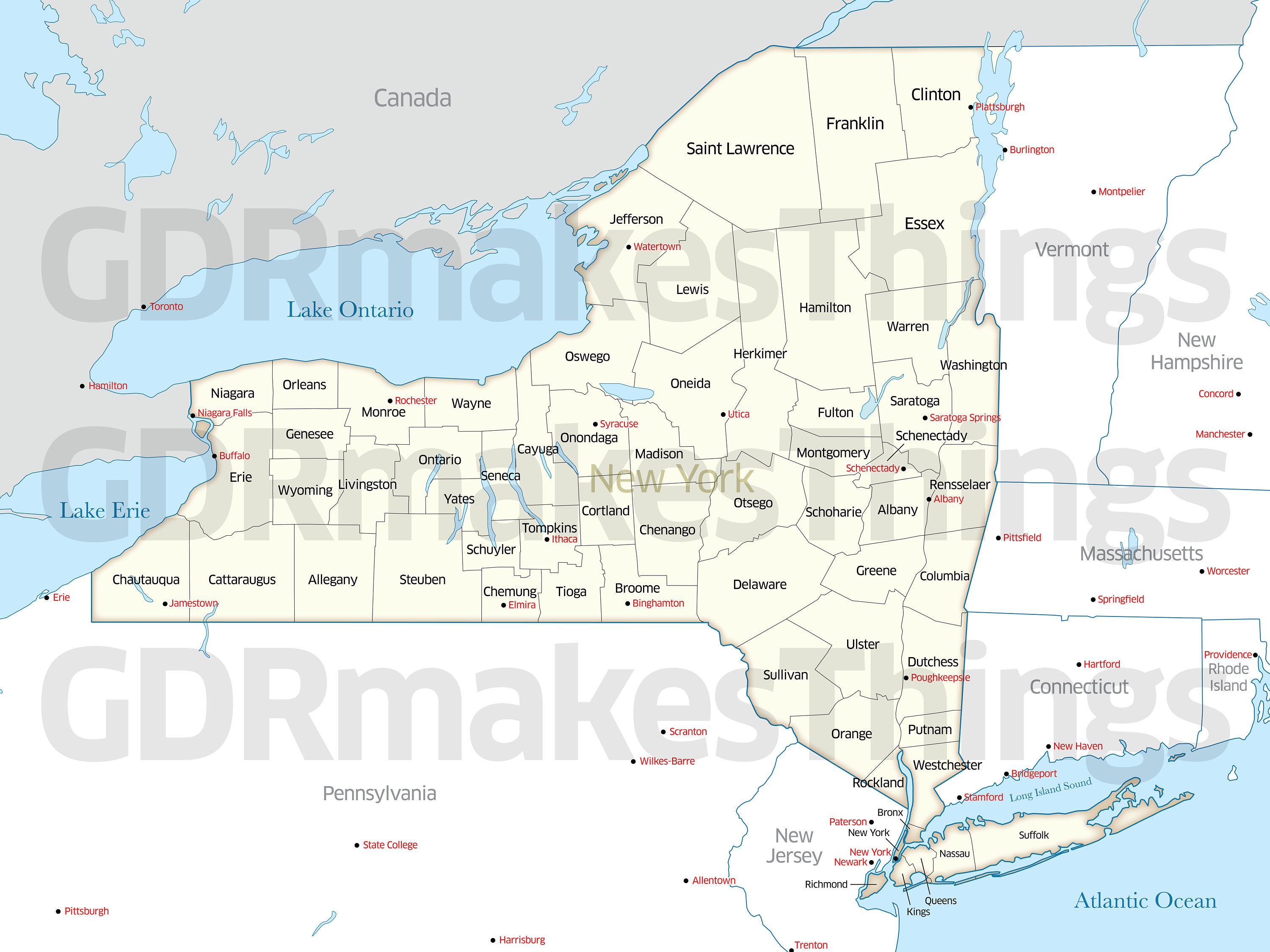 High Resolution Digital Color Map of the Counties of the State of New ...