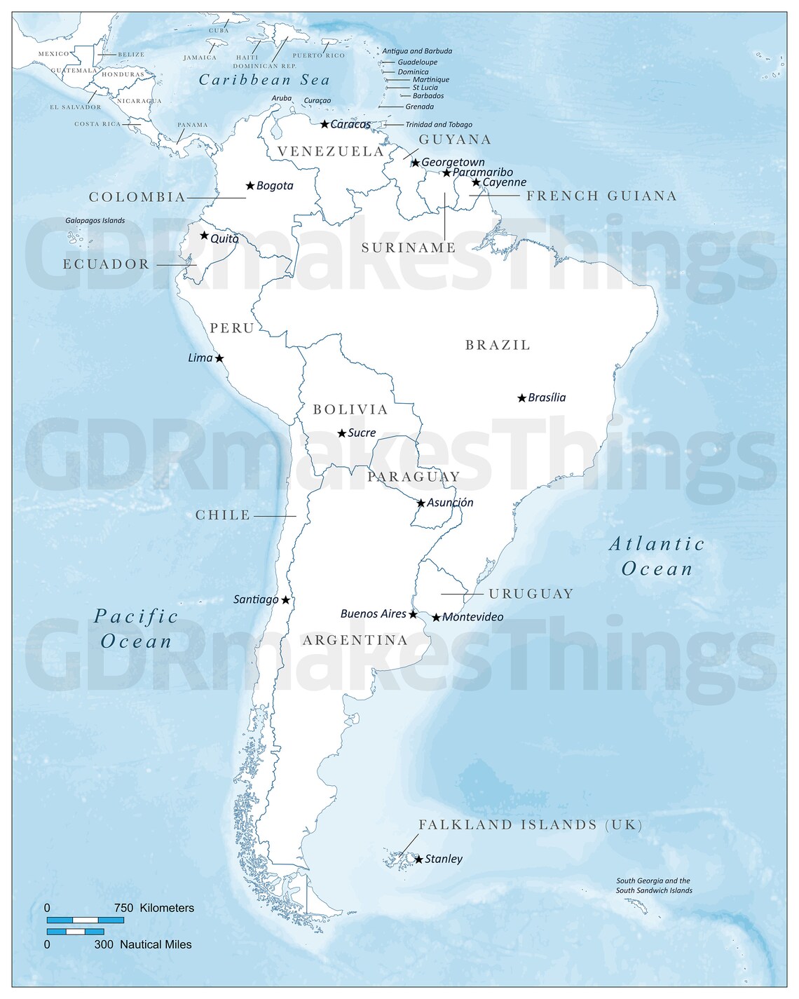 High Resolution Digital Color Map of South America, Including Countries ...