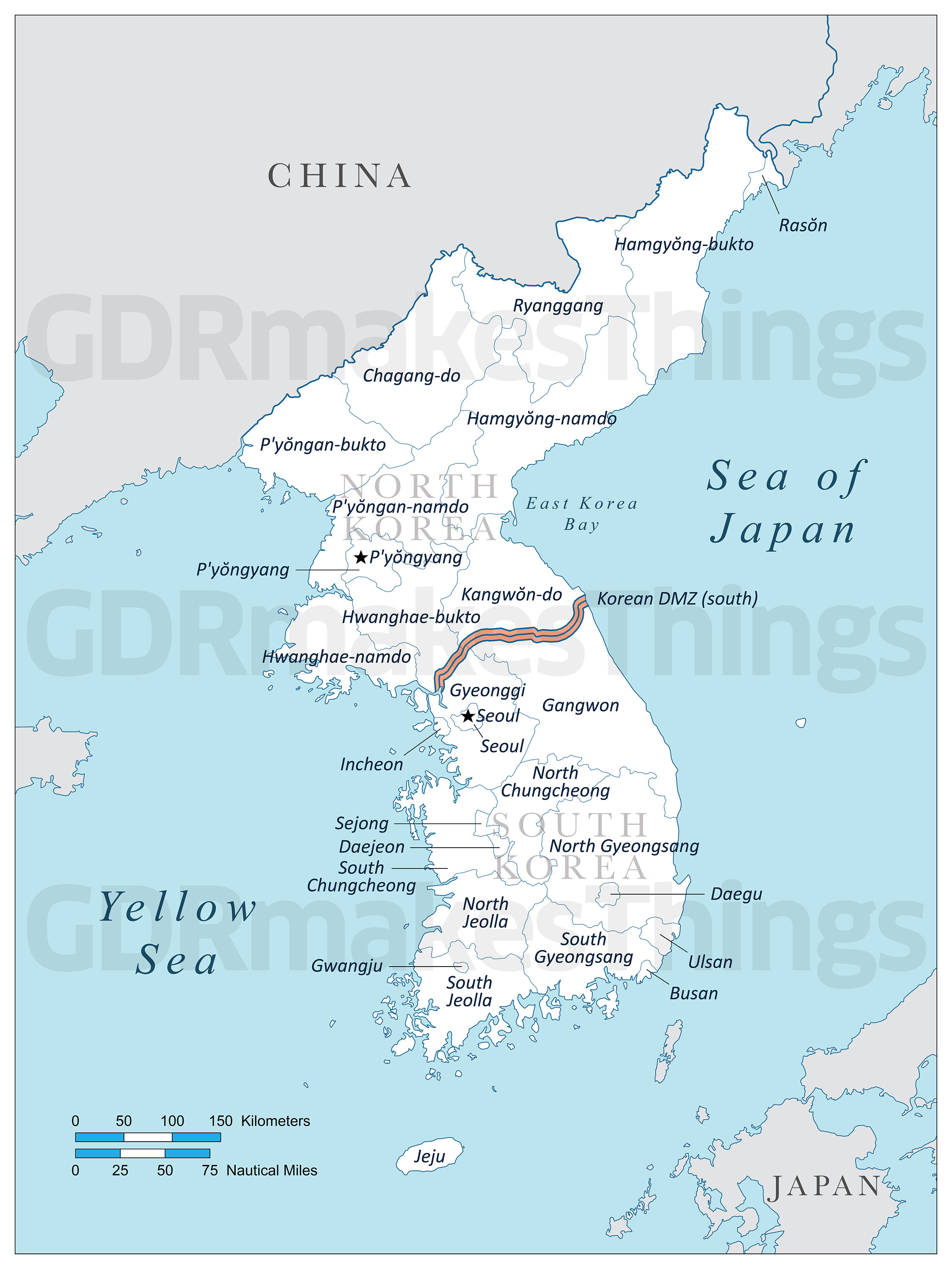 High Resolution Digital Color Map of South Korea, Includes Country ...