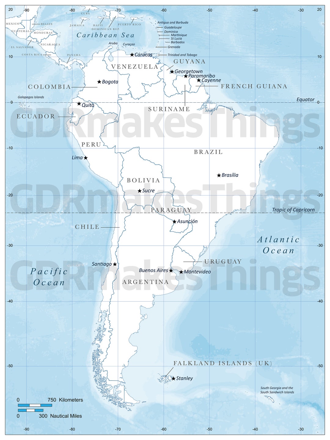 High Resolution Digital Color Map of South America, Including Countries ...