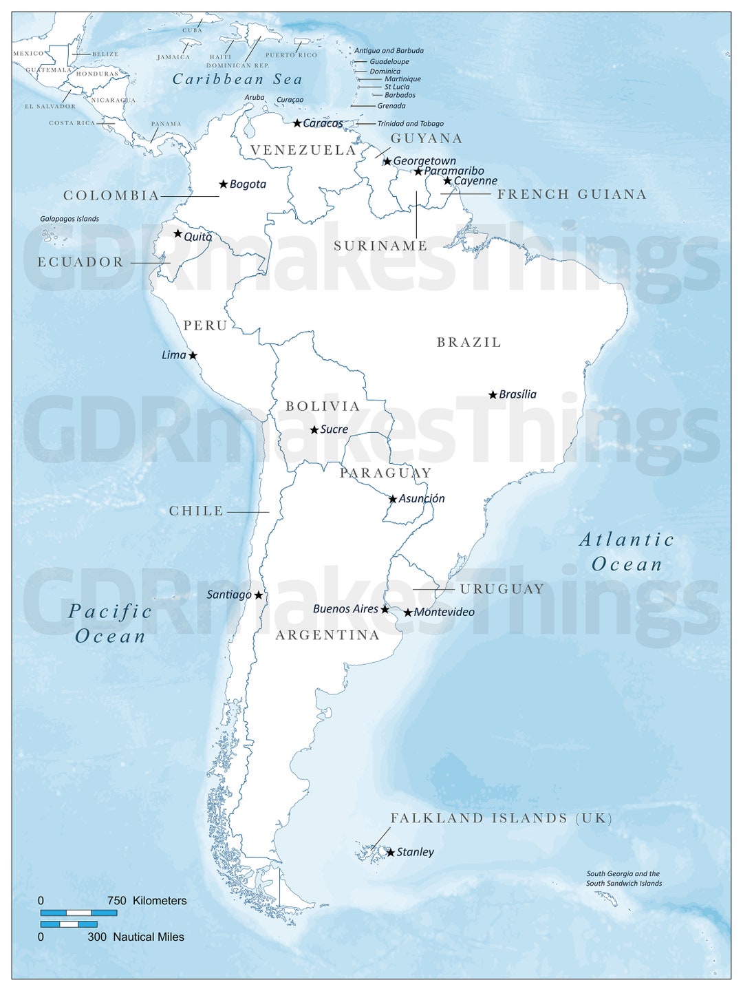 High Resolution Digital Color Map of South America, Including Countries ...