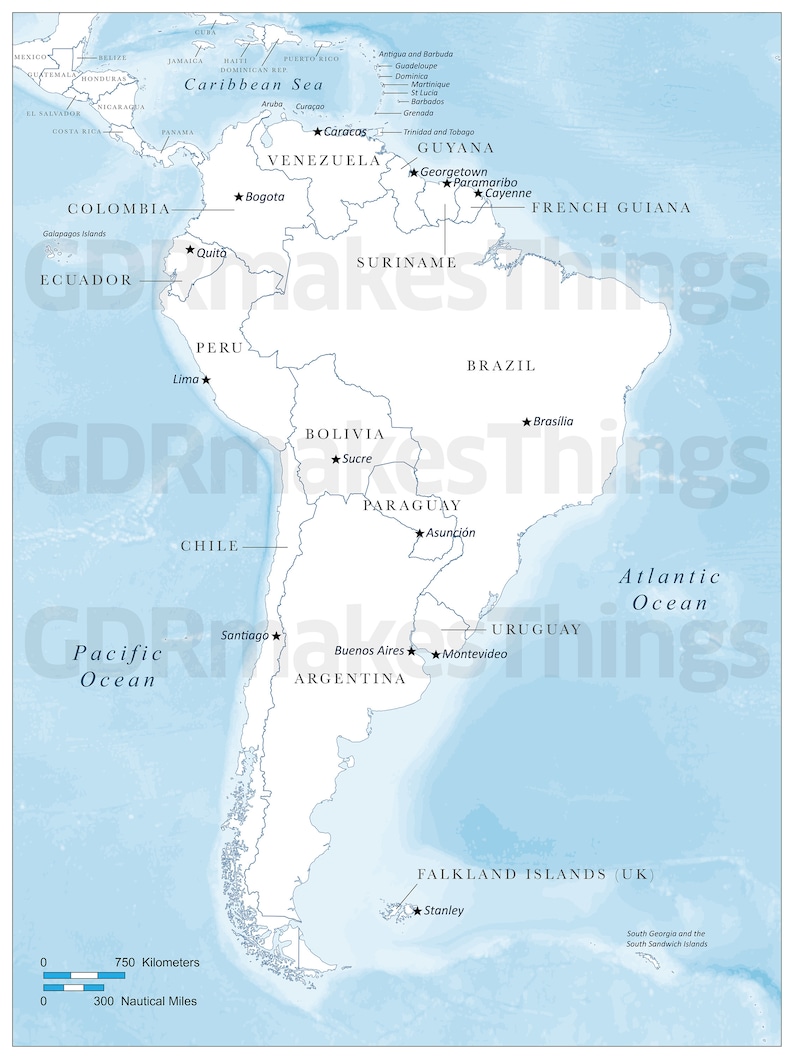 High Resolution Digital Color Map of South America, Including Countries ...