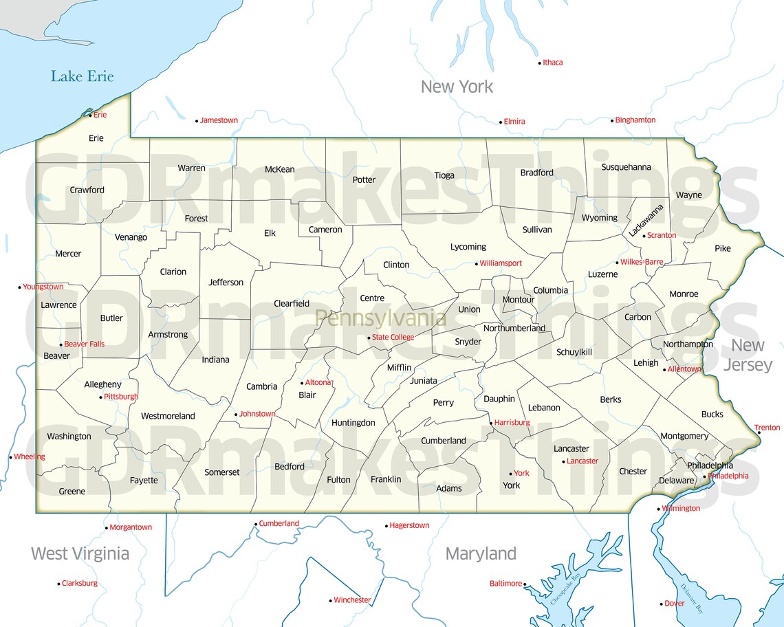 High Resolution Digital Color Map of the Counties of the State of ...