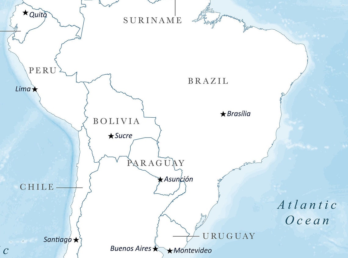 High Resolution Digital Color Map of South America, Including Countries ...