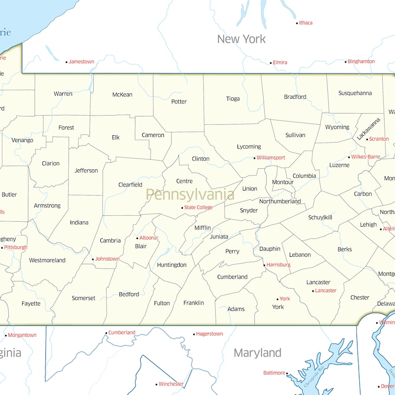Map of Pa by Counties - Etsy UK