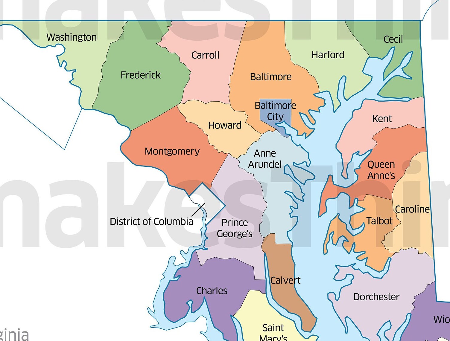 High Resolution Digital Color Map of the Counties of the State of ...