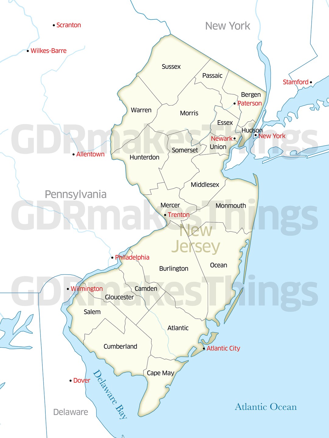 High Resolution Digital Color Map of the Counties of the State of New ...