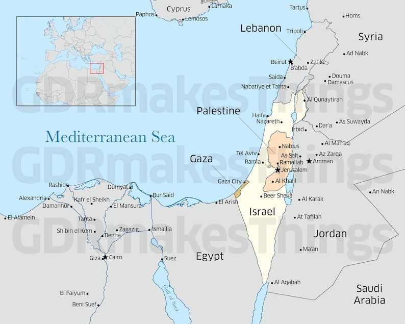 Digital Map of the Eastern Mediterranean Including Israel, Palestine ...