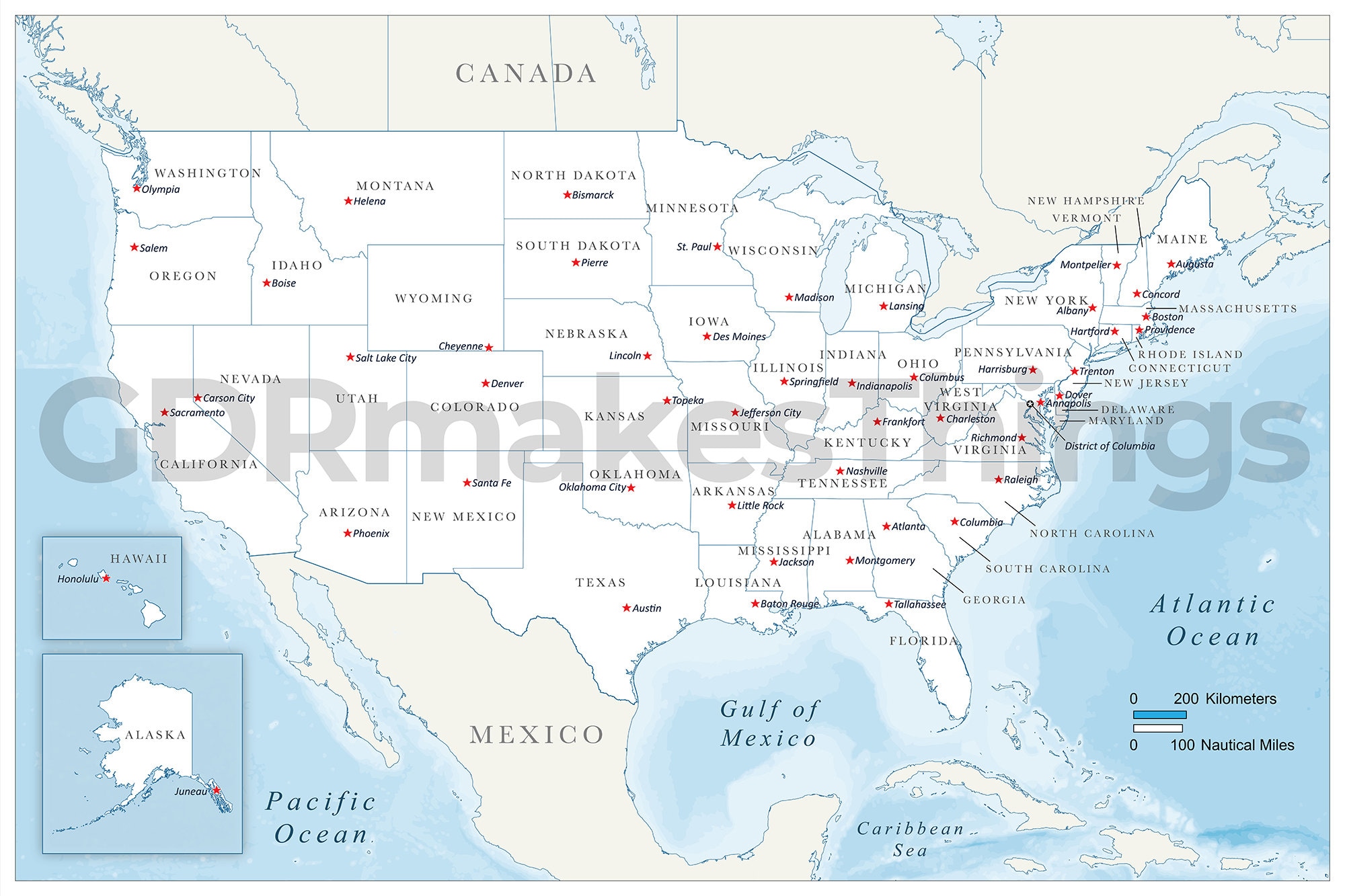 Digital Map of the United States of America, Including All 50 States ...