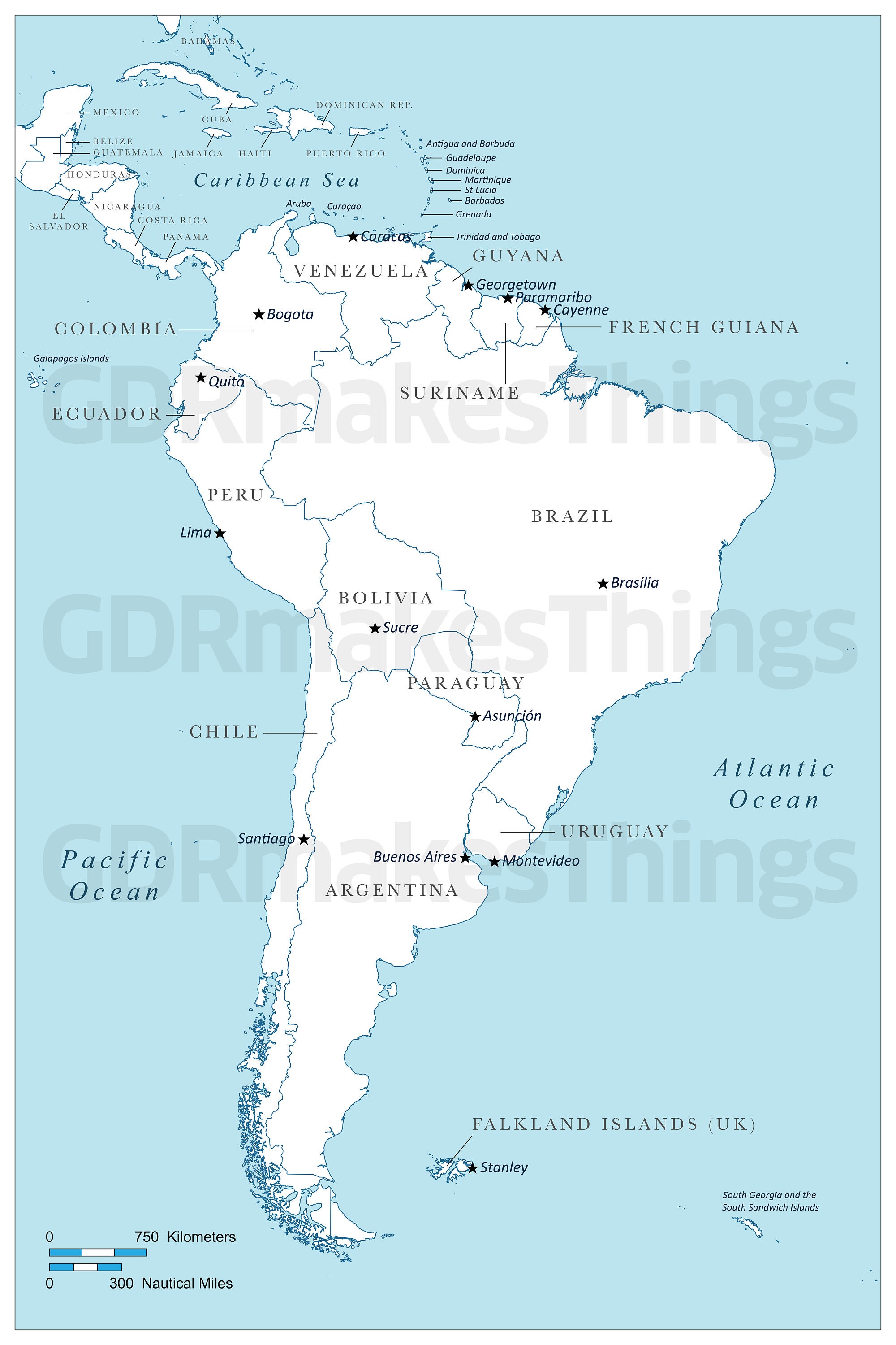 High Resolution Digital Color Map of South America, Including Countries ...