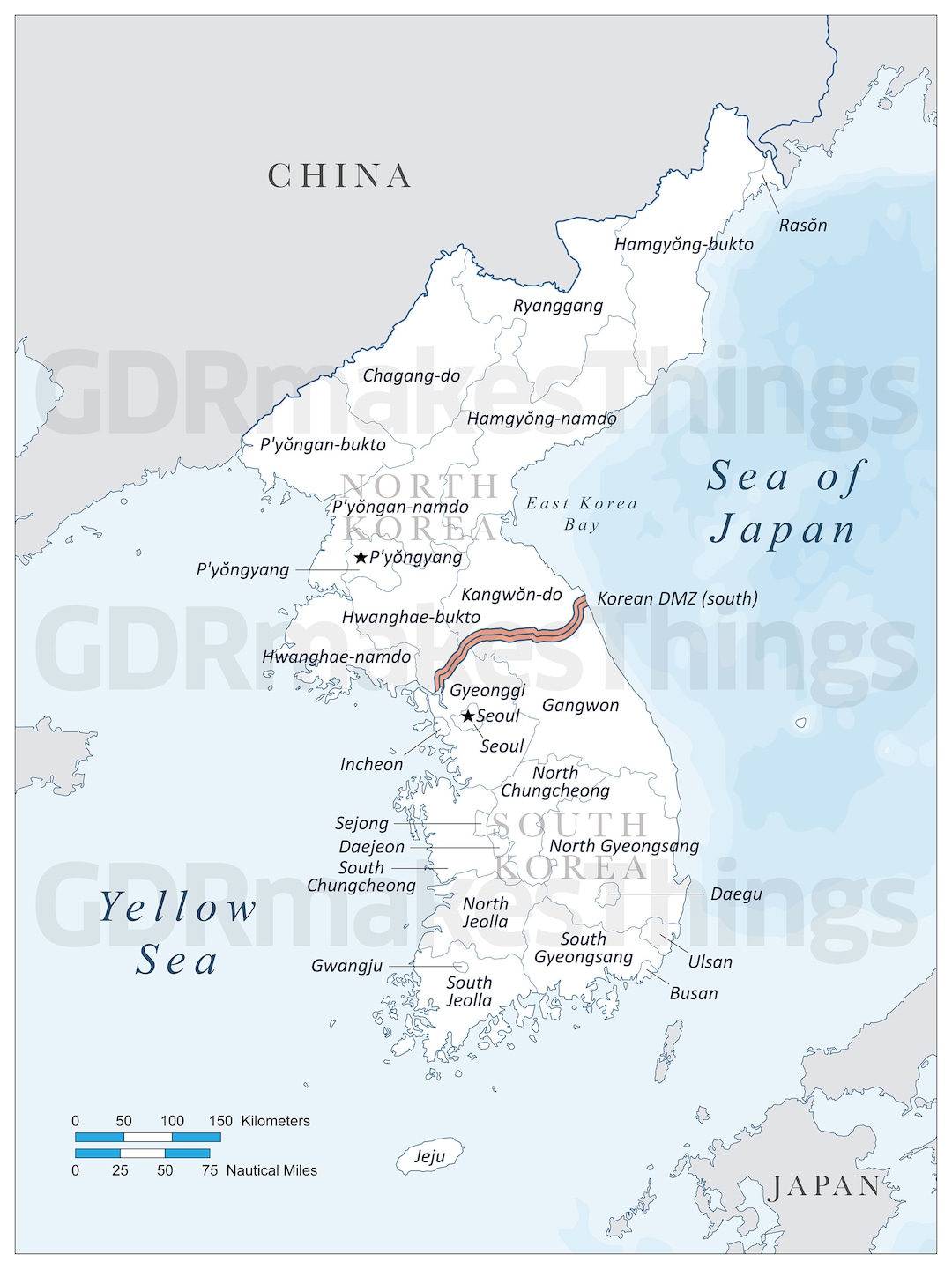 High Resolution Digital Color Map of South Korea, Includes Country ...