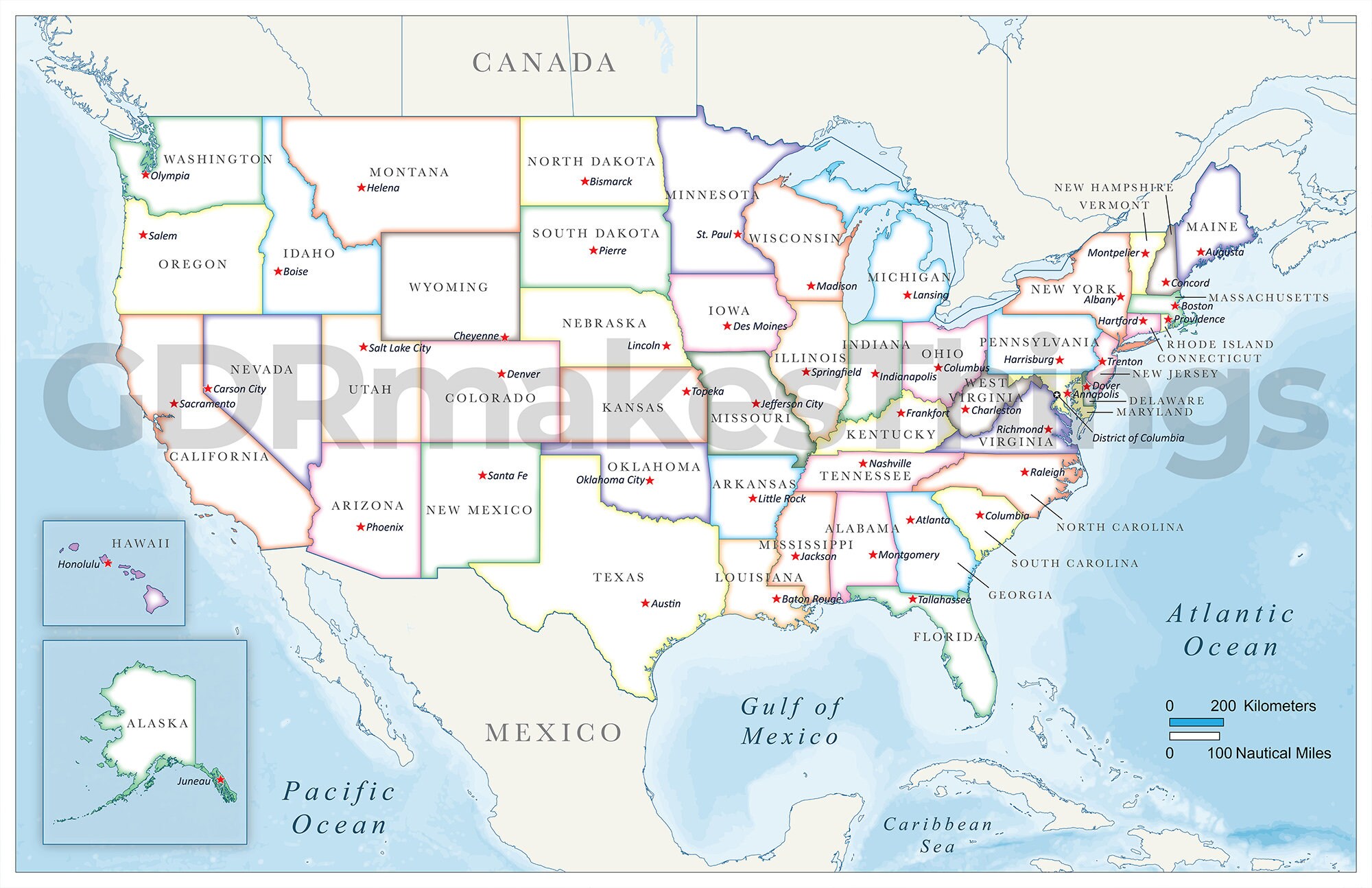 Digital Political Map of the United States of America, Including States ...
