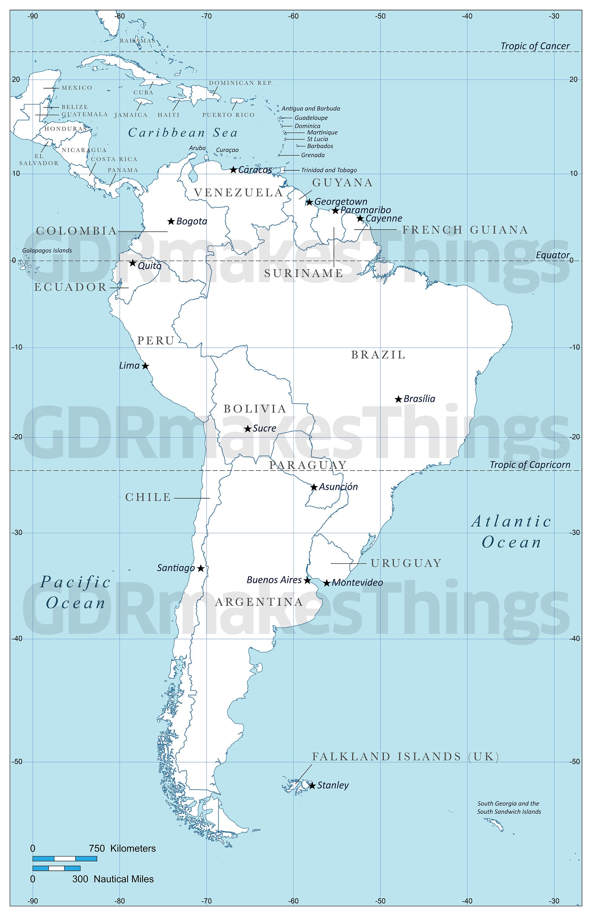 High Resolution Digital Color Map of South America, Including Countries ...